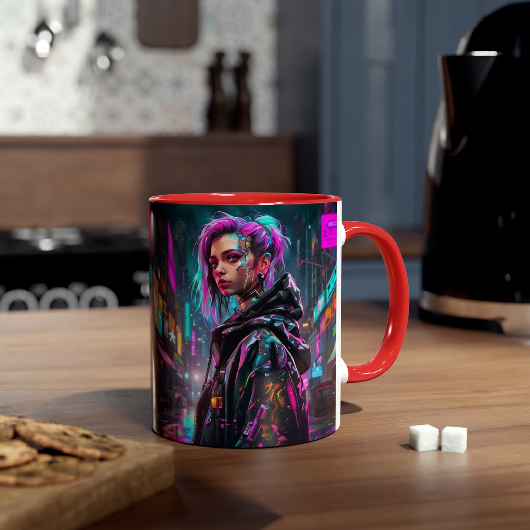 Cyberpunk Girl Two-tone Mug / Futuristic Coffee Cup, Neon Dreams ...