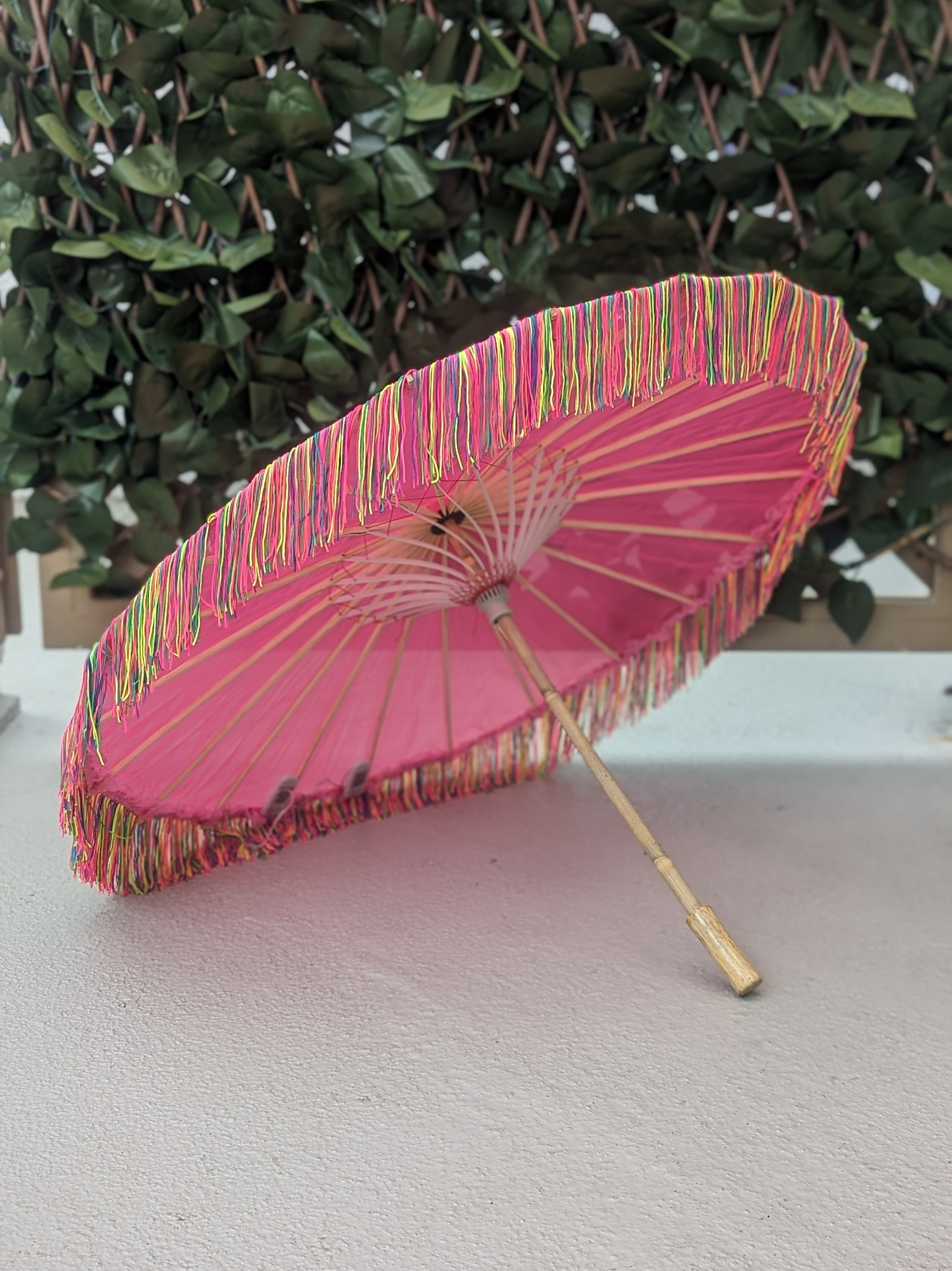 Parasol With LED Lights Hot Pink With Neon Rainbow Fringe Trim - Etsy