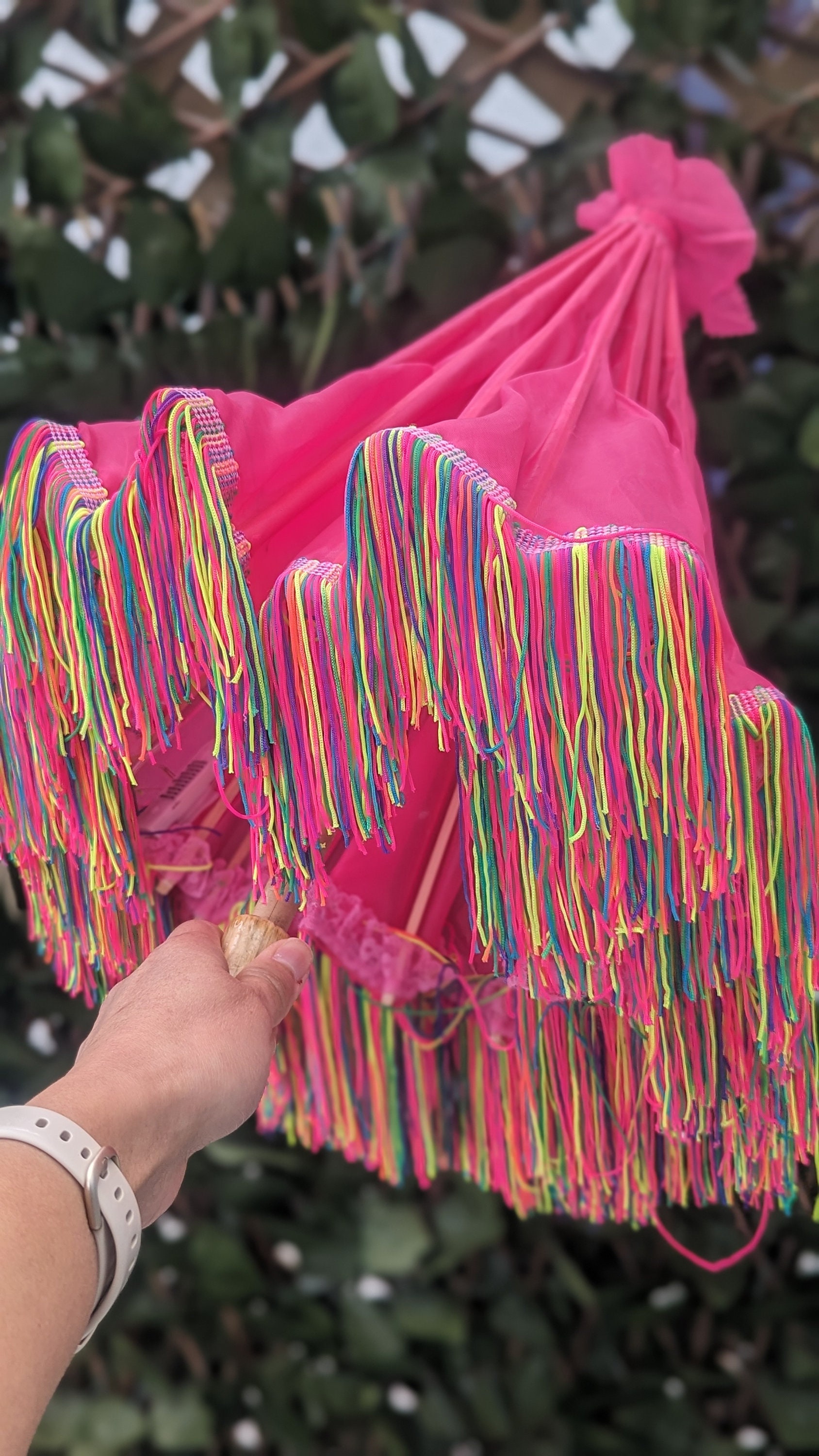 Parasol With LED Lights Hot Pink With Neon Rainbow Fringe Trim - Etsy