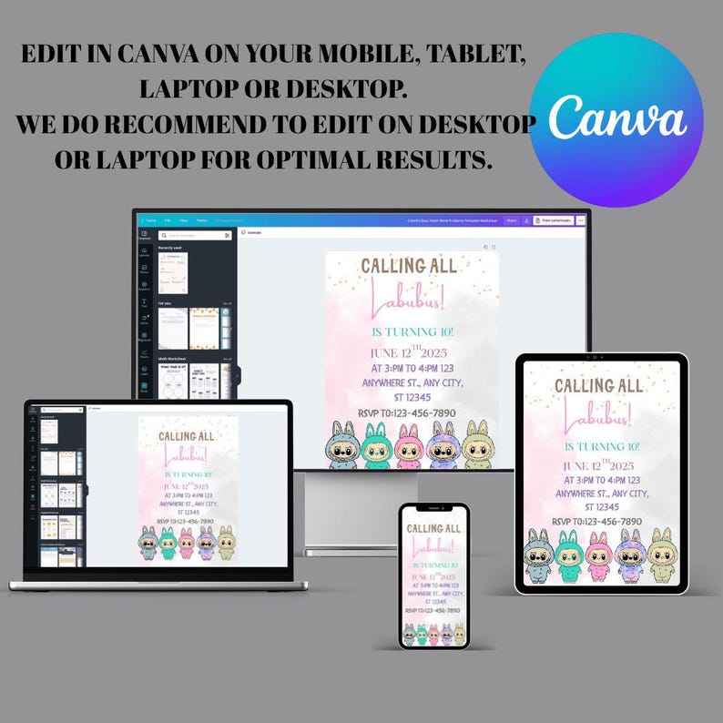 Labubu Birthday Party Invitation, Editable Canva Template (digital ...