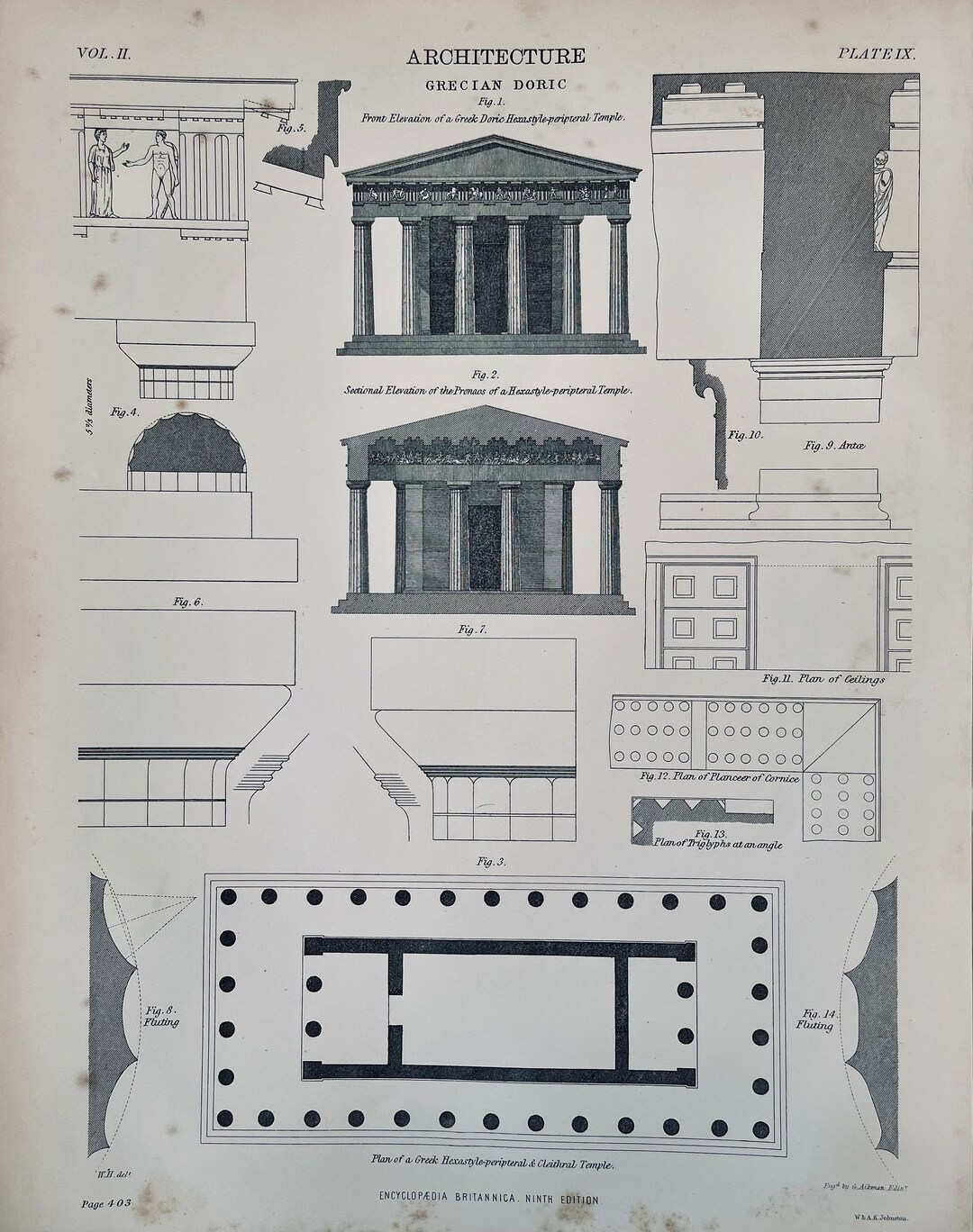 Grecian Doric, Temples, Antique Architecture Print, Vintage, Black and ...