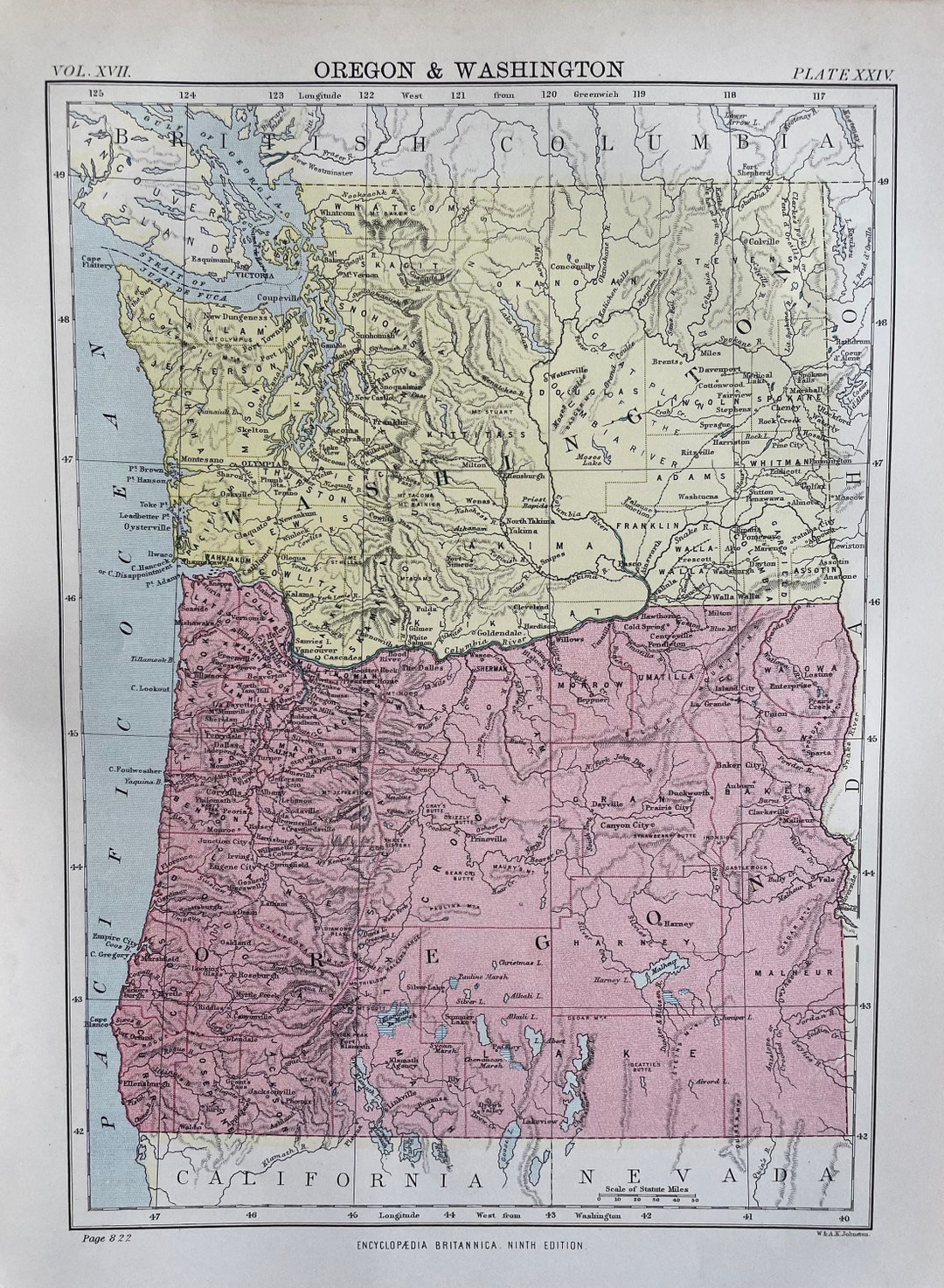 Oregon and Washington, Original Antique 1870's Map, Vintage Wall Map ...