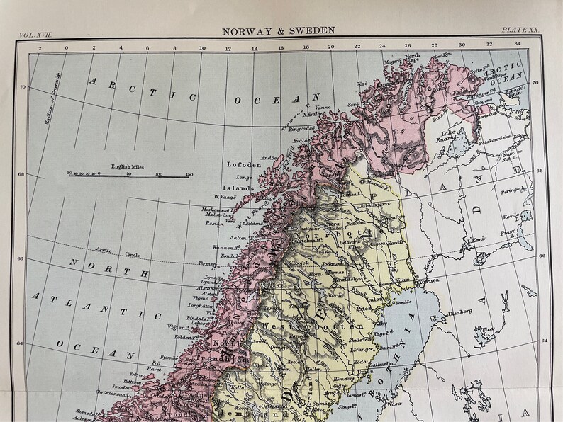 Norway & Sweden, Large Original Antique 1870's Map, Vintage Wall Map, Home Decor, Print ...