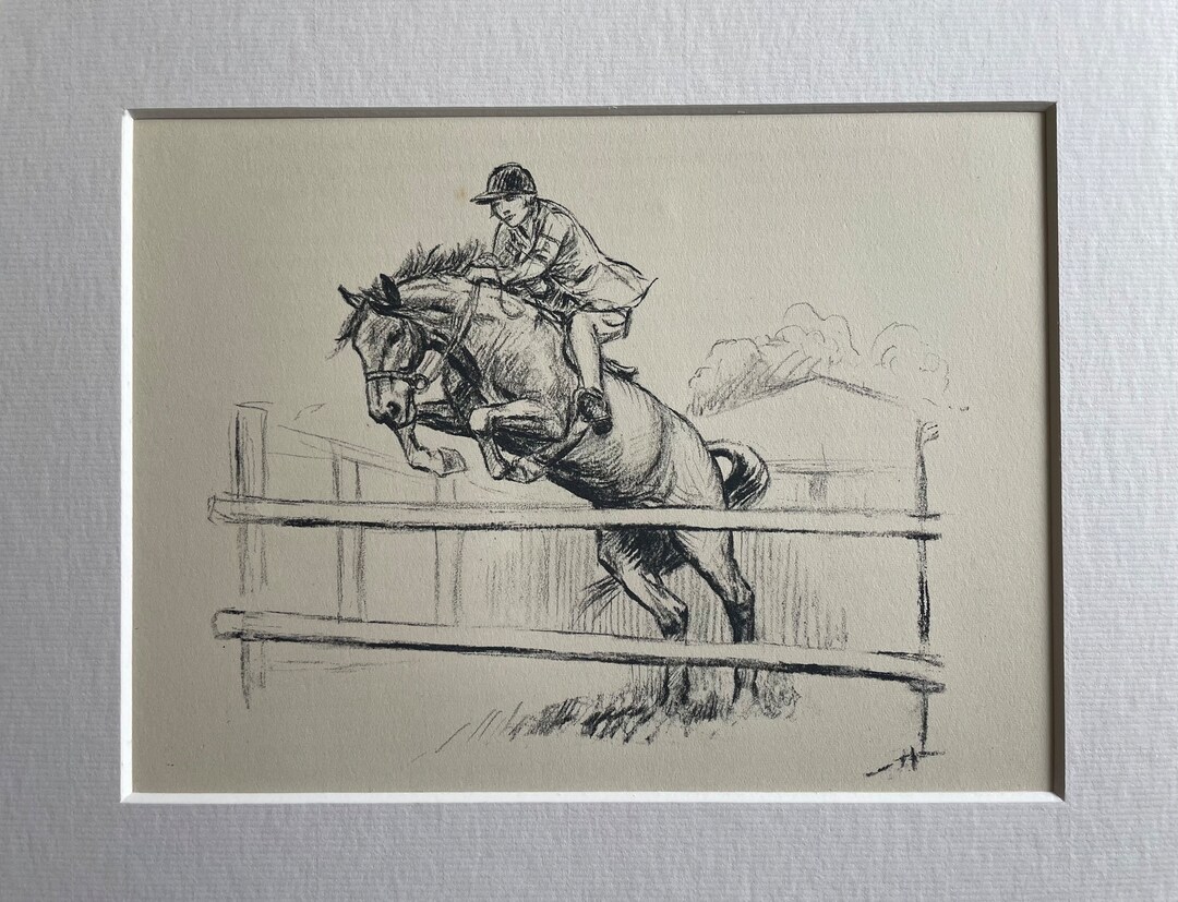 Large Print of Horse, Show Jumping Print, Vintage Print of a Sketch in ...