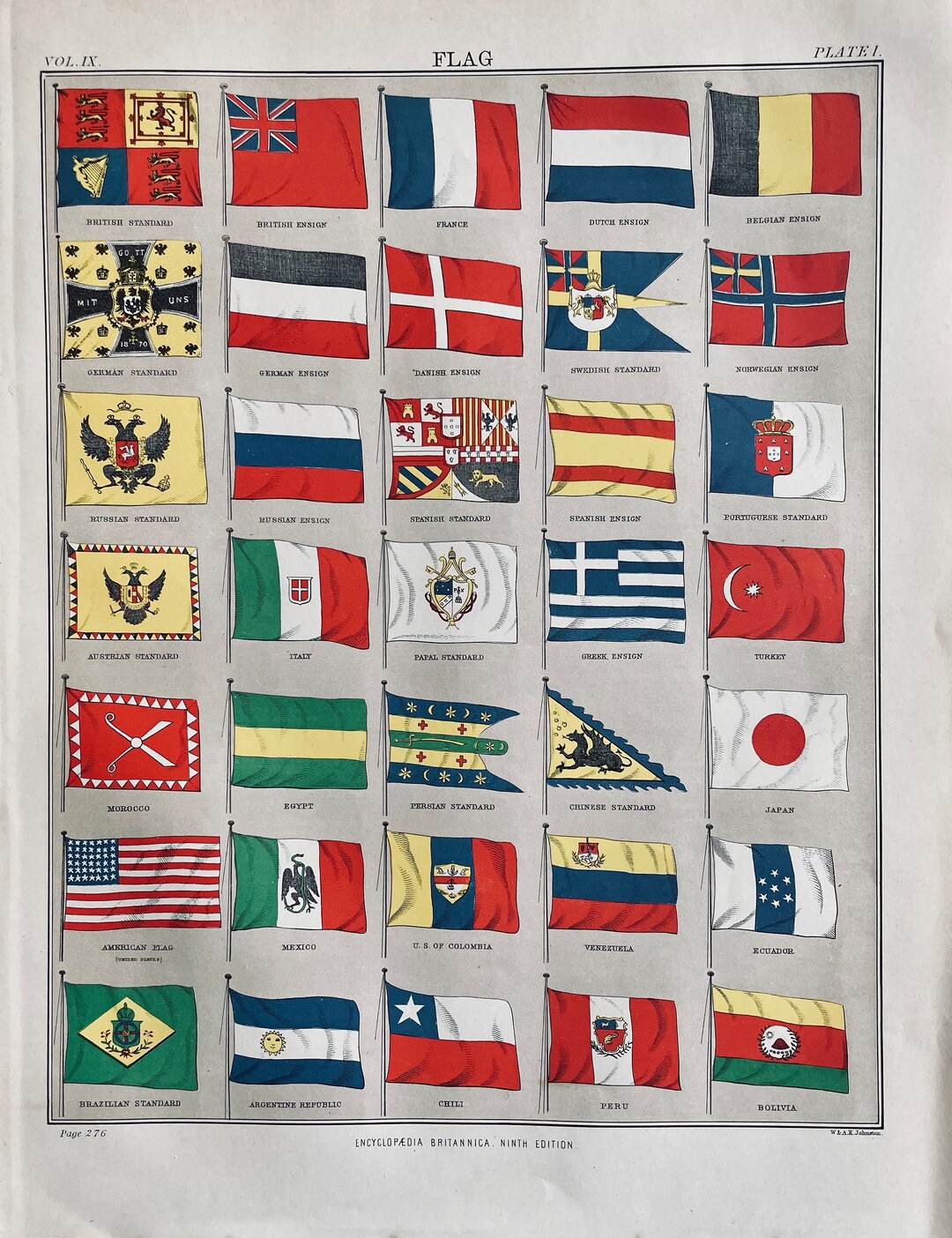 Flags, Standard Flags, Antique Original Print, Vintage, Coloured ...