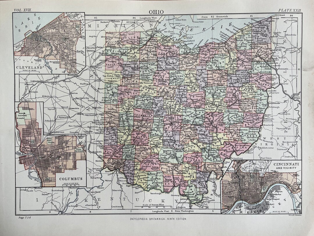 Ohio, Original Antique 1870's Map, Vintage Wall Map, Home Decor, Print ...