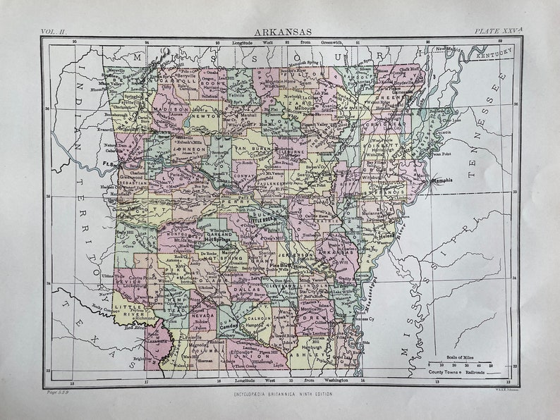 Arkansas, Original Antique 1870's Map, Vintage Wall Map, Home Decor ...