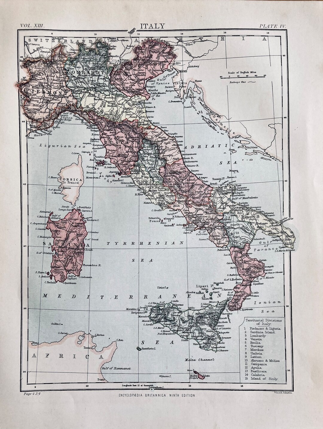 Italy, Original Antique 1870's Map, Vintage Wall Map, Home Decor. Atlas ...