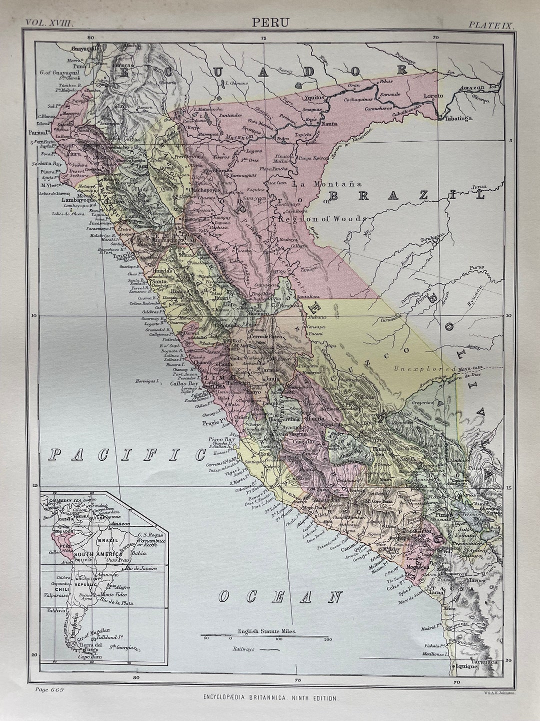Peru, Original Antique 1870's Map, Vintage Wall Map, Home Decor. Atlas ...
