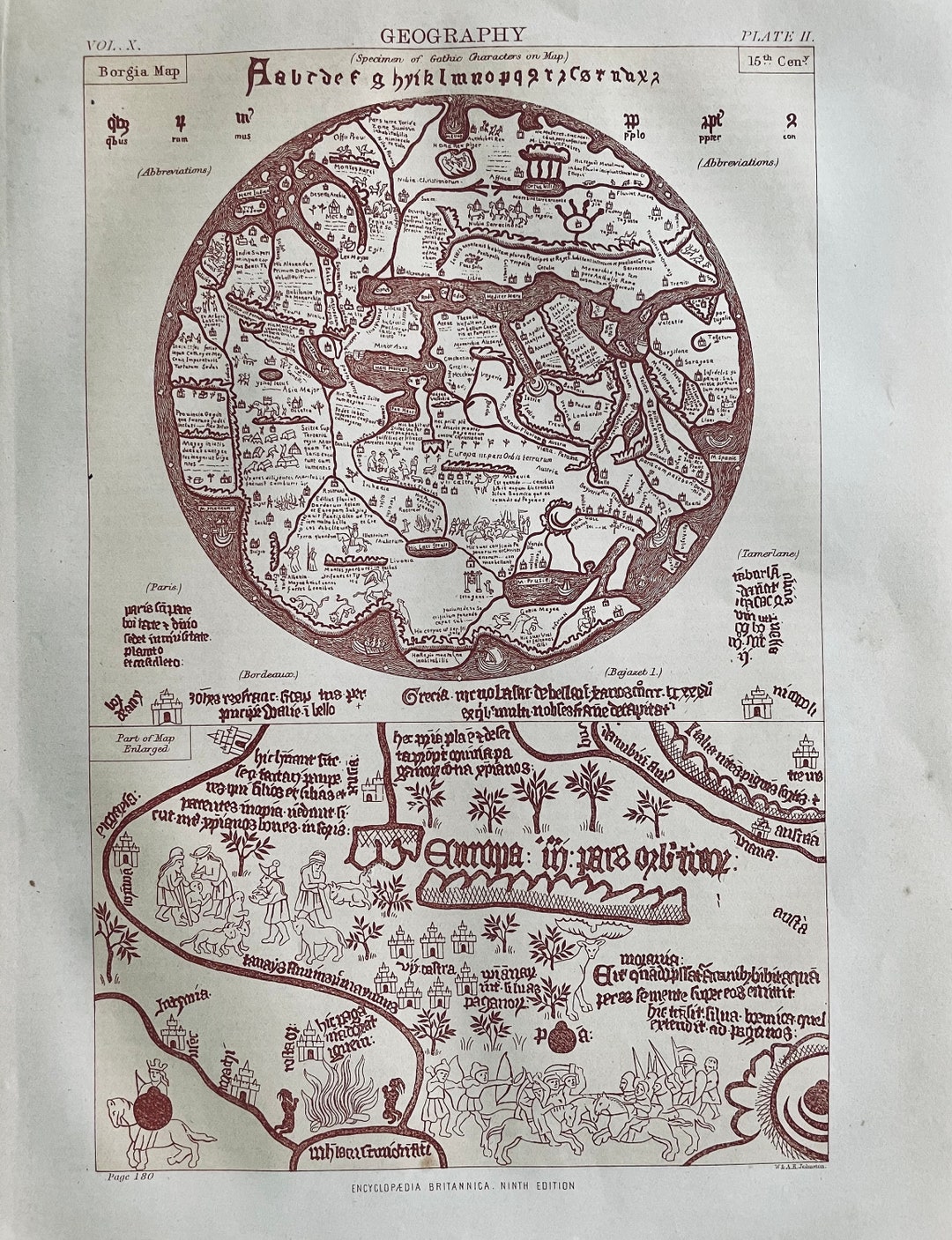 Gothic Borgia Map, Antique Original Print, Vintage, Red and White ...