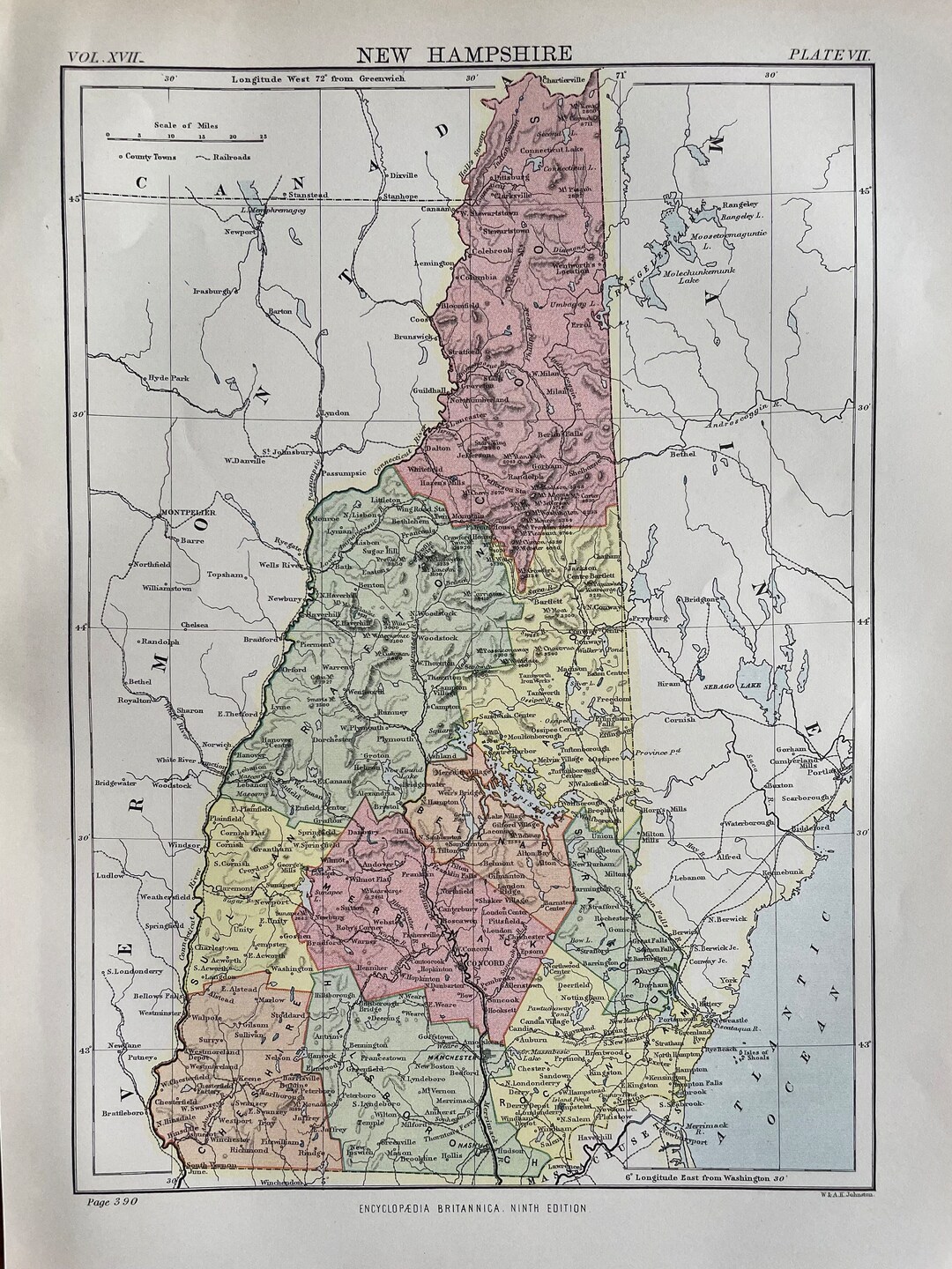 New Hampshire, Original Antique 1870's Map, Vintage Wall Map, Home ...
