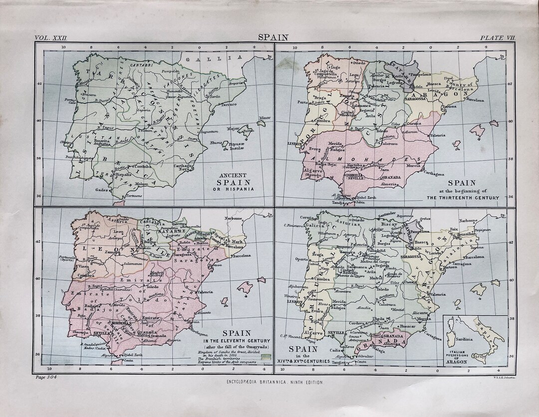 Spain, Four Different Eras. Antique Original 1870's Map, Vintage Wall ...