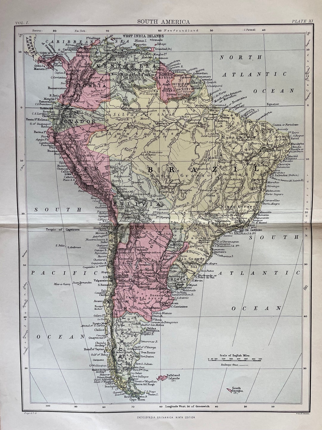 South America, Large Original Antique 1870's Map, Vintage Wall Map, Home Decor, Print ...