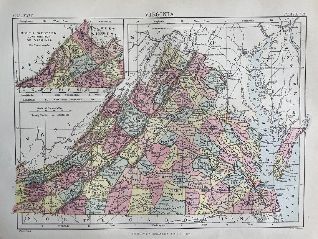 Virginia, Original Antique 1870's Map, Vintage Wall Map, Home Decor ...