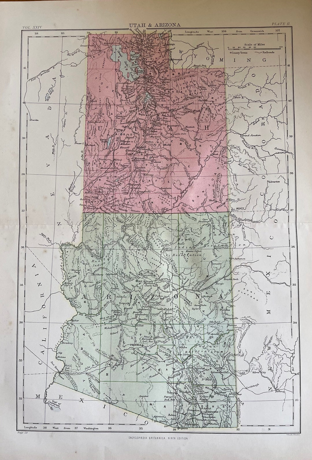 Utah & Arizona, Large Original Historical Antique 1870's Map, Vintage ...