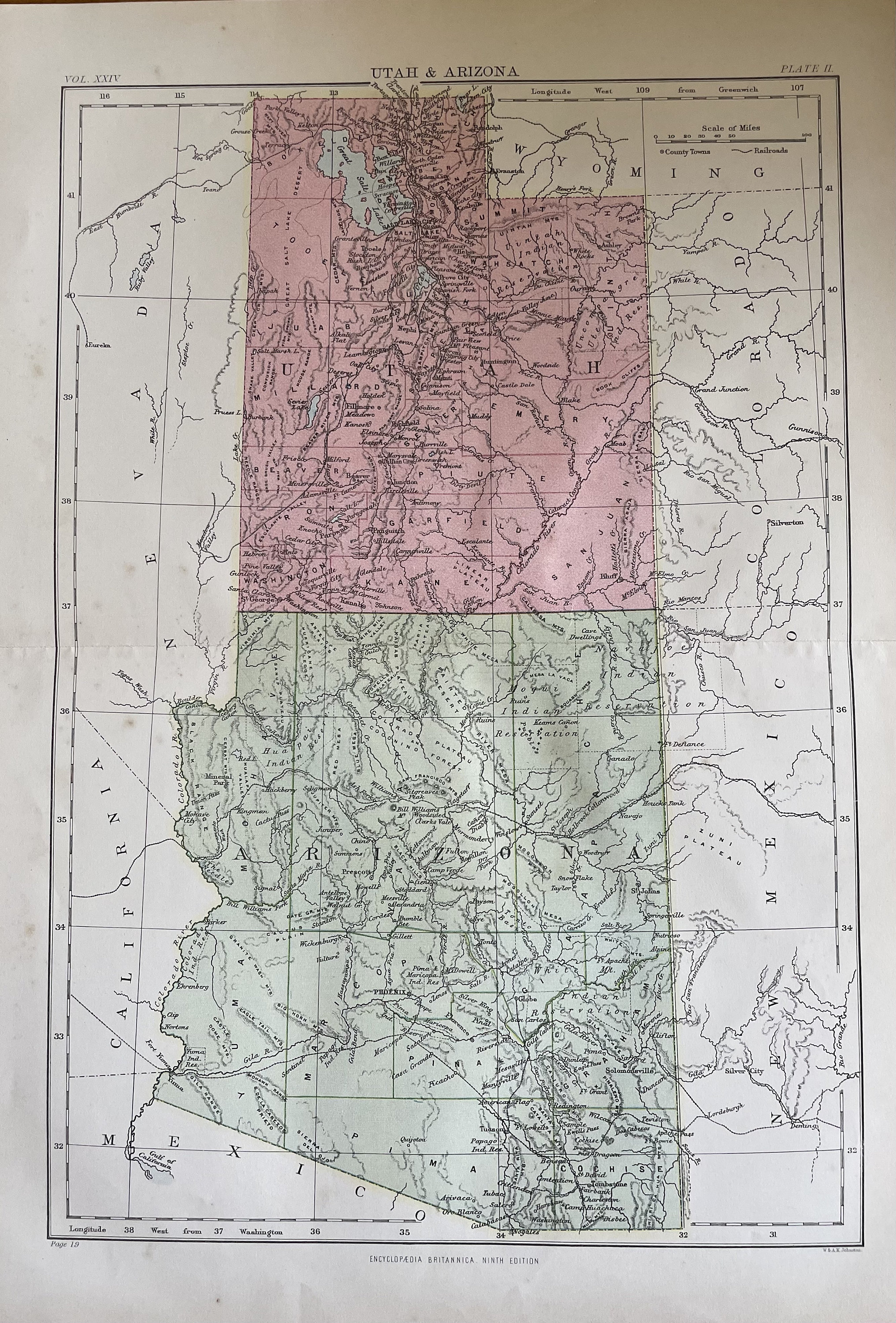 Utah & Arizona, Large Original Historical Antique 1870's Map, Vintage ...