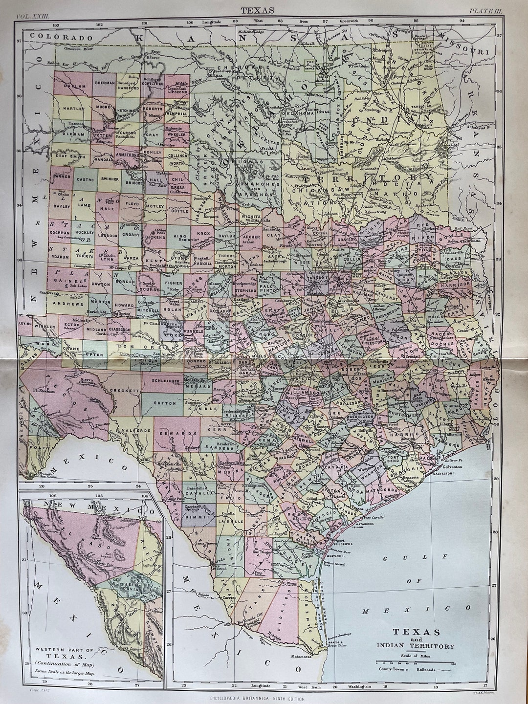 Texas, Large Original Antique 1870's Map, Vintage Wall Map, Home Decor ...