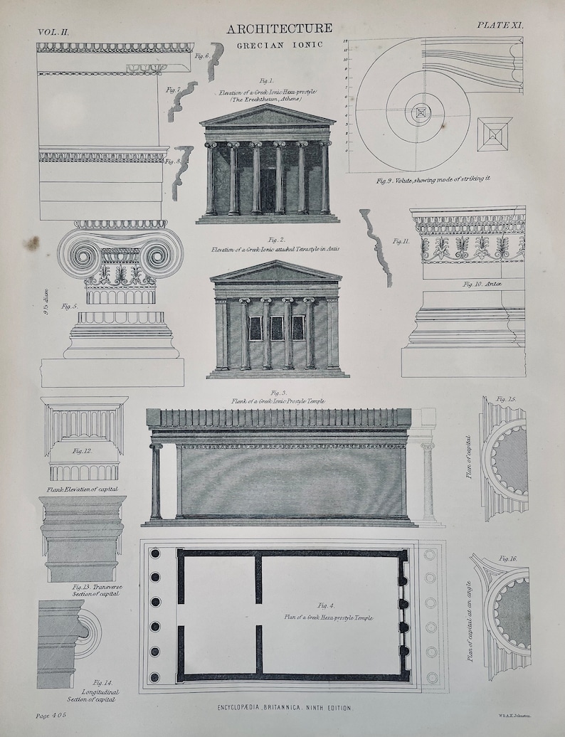 Grecian Ionic, Temples, Original Antique Architecture Print, Vintage ...