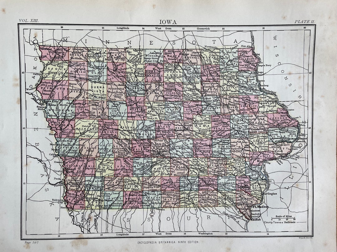 Iowa, Original Antique 1870's Map, Vintage Wall Map, Home Decor, Print ...