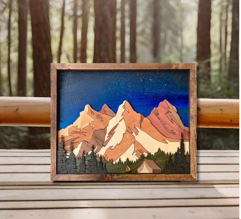 Camping Mountains Wall Art Wood Mountain Wall Art Campfire Wall Art ...