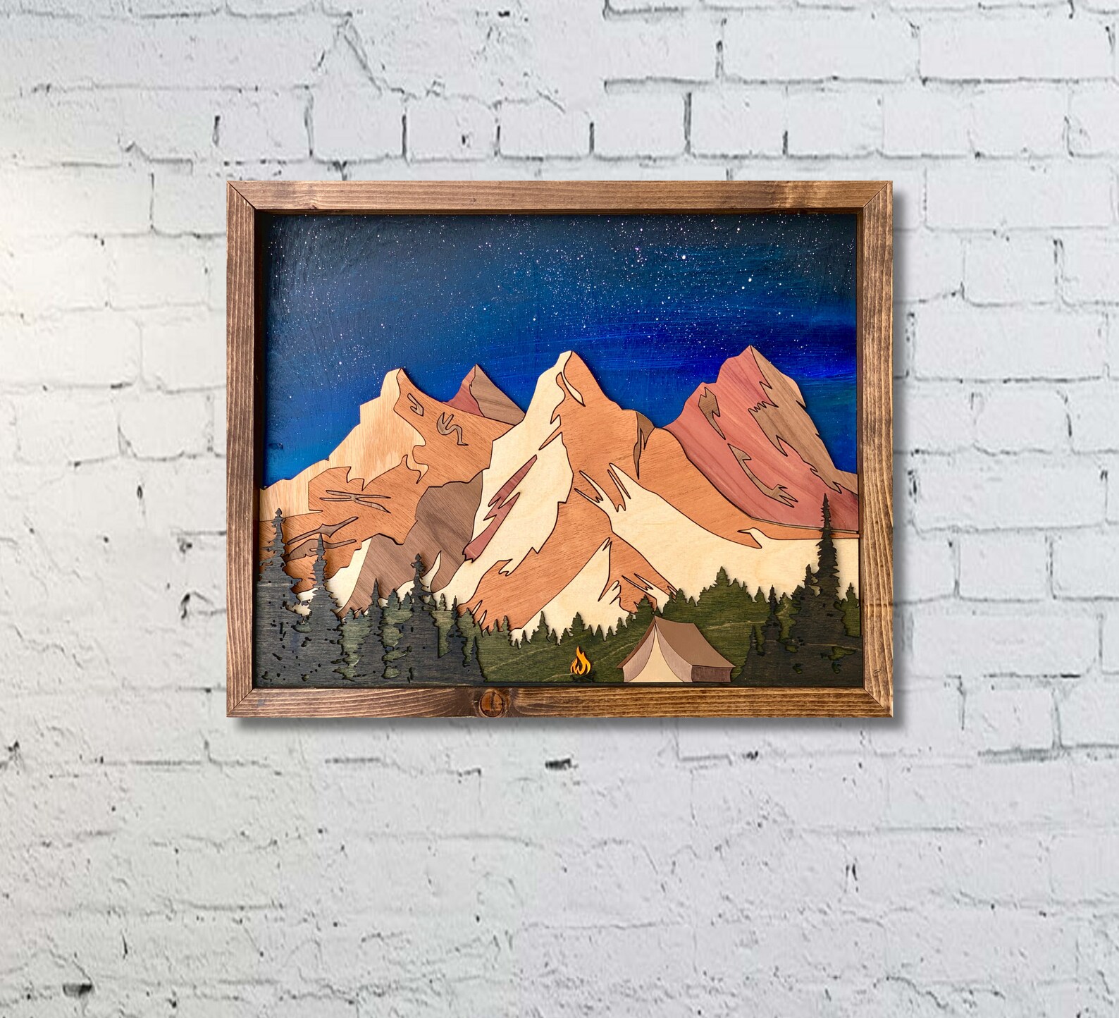 Camping Mountains Wall Art Wood Mountain Wall Art Campfire Wall Art ...