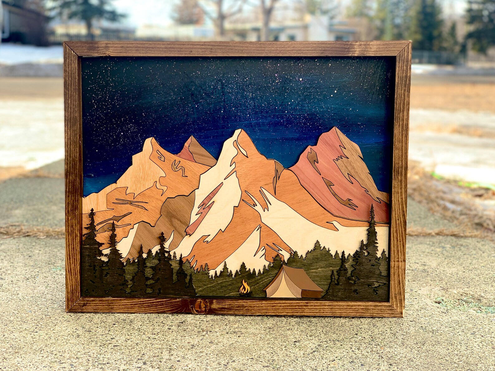 Camping Mountains Wall Art Wood Mountain Wall Art Campfire Wall Art ...