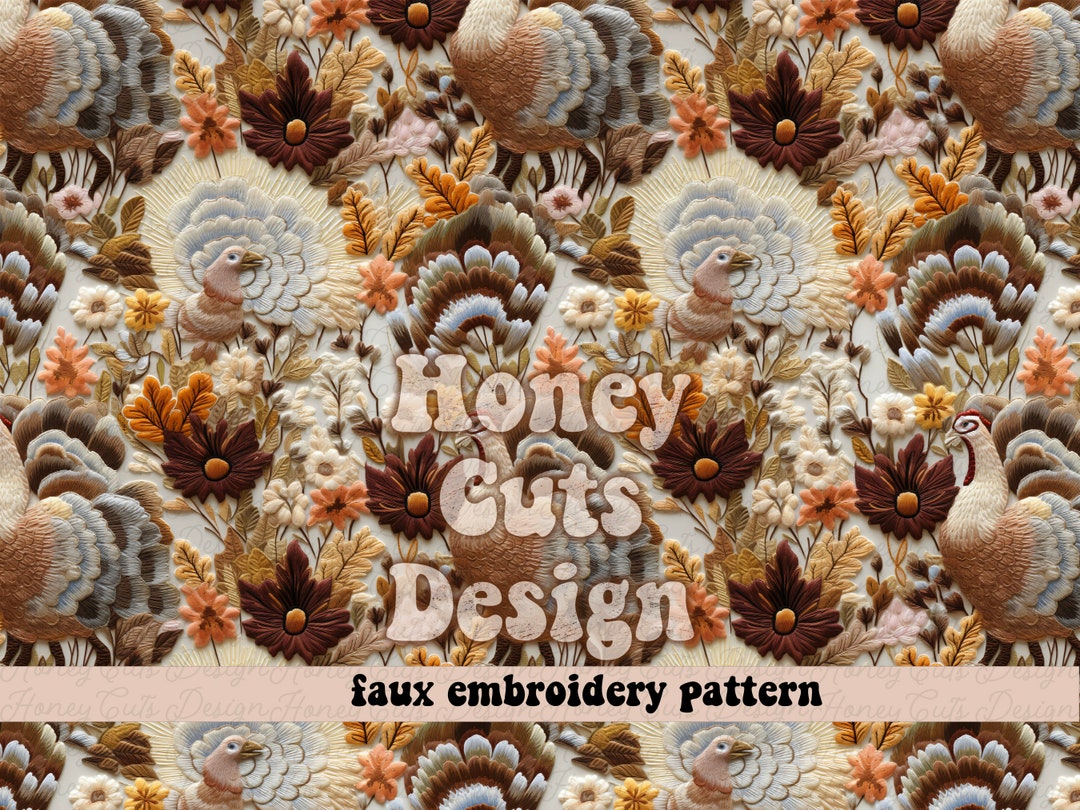 Thanksgiving Turkeys Embroidery Seamless Pattern, Fall Floral Seamless ...