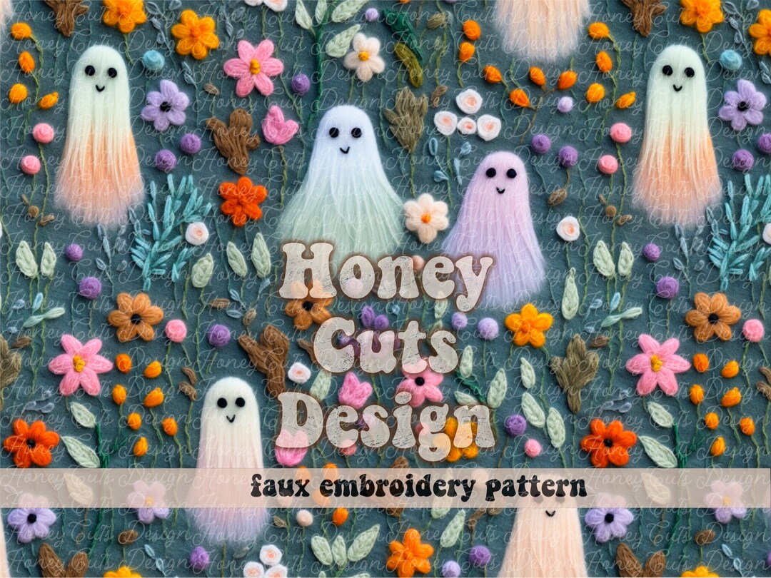 Halloween Embroidery Seamless Pattern, Pastel Daisy, Fall Floral Ghosts ...