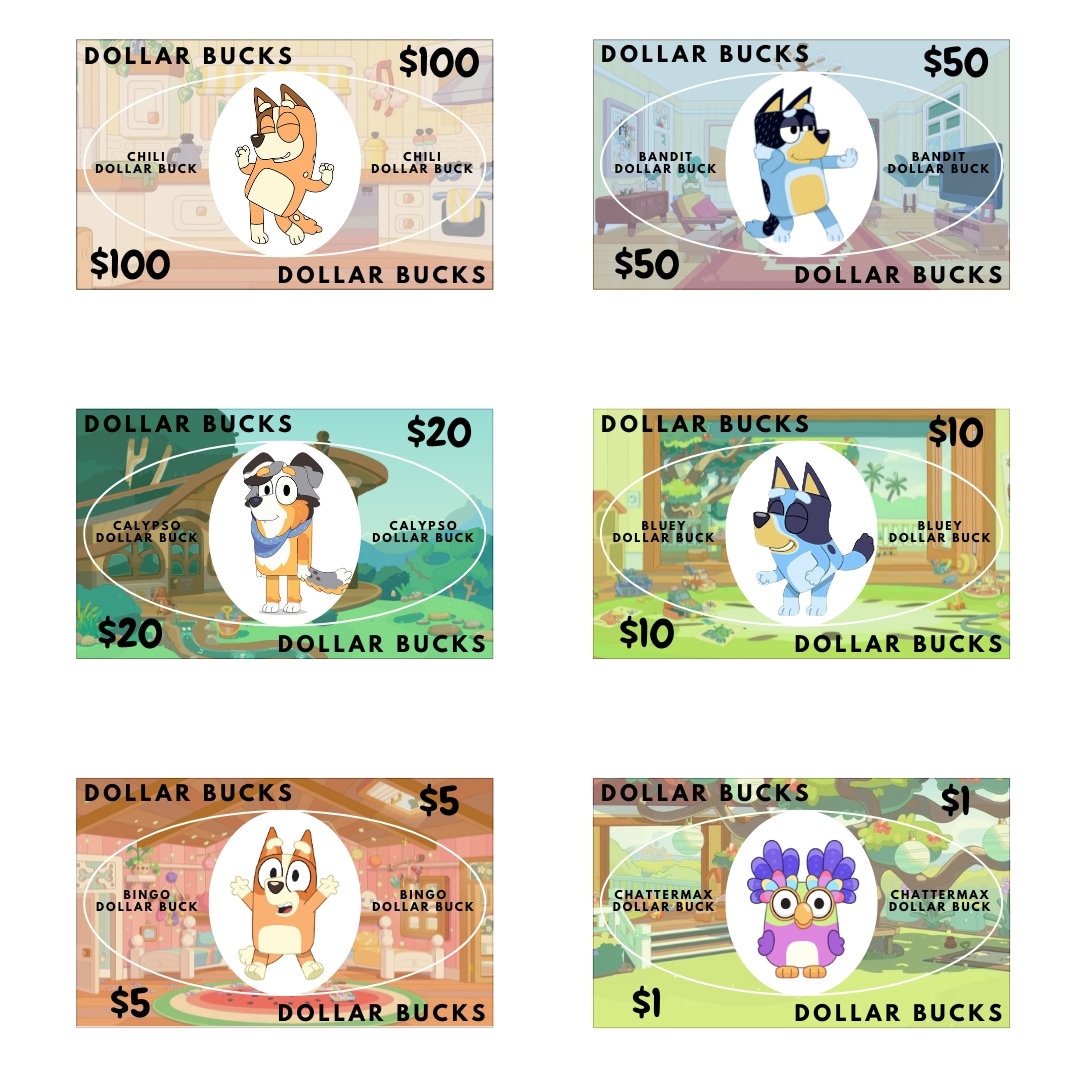 Bluey Dollar Bucks, Reward Money, Play Money, DIGITAL DOWNLOAD ...