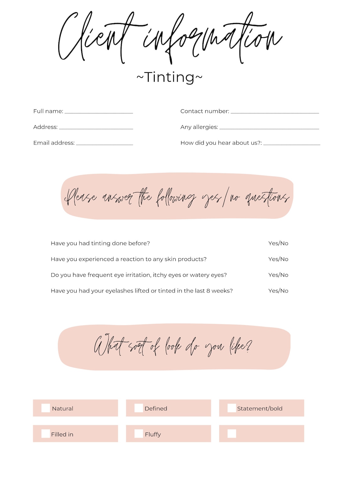 Tinting Client Record Form - Etsy