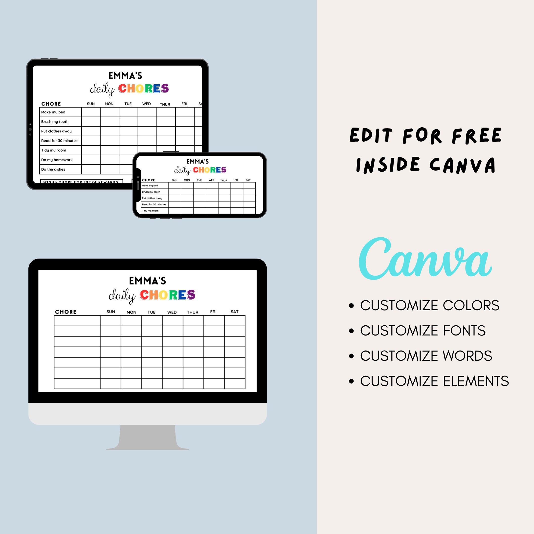Kids Chore Chart Customized Chore Chart Kids Routine Chart - Etsy
