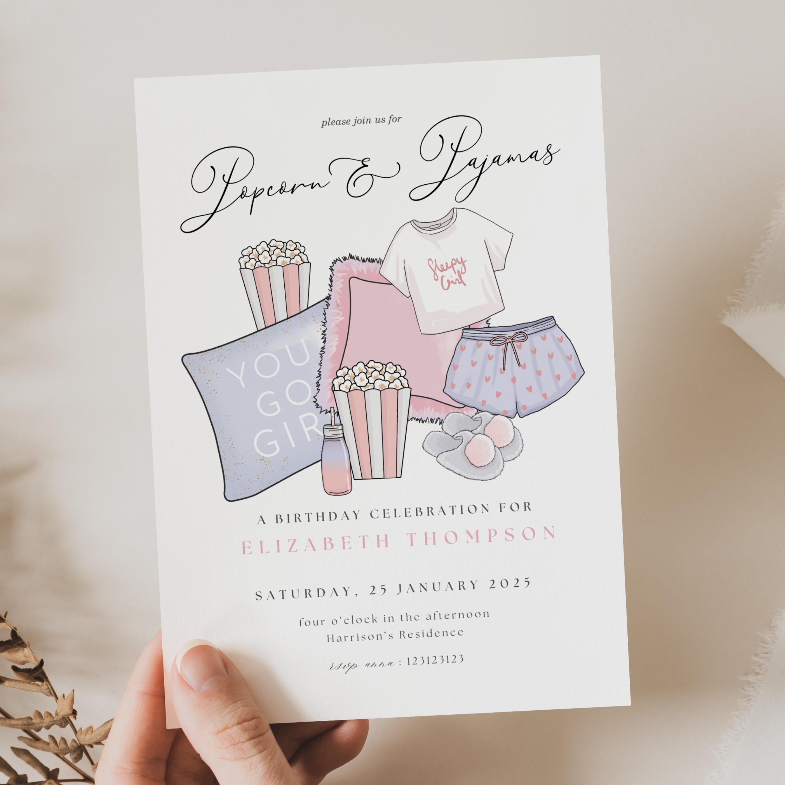 Popcorn and Pajamas Invitation, Popcorn and Pajamas Party, Sleepover ...