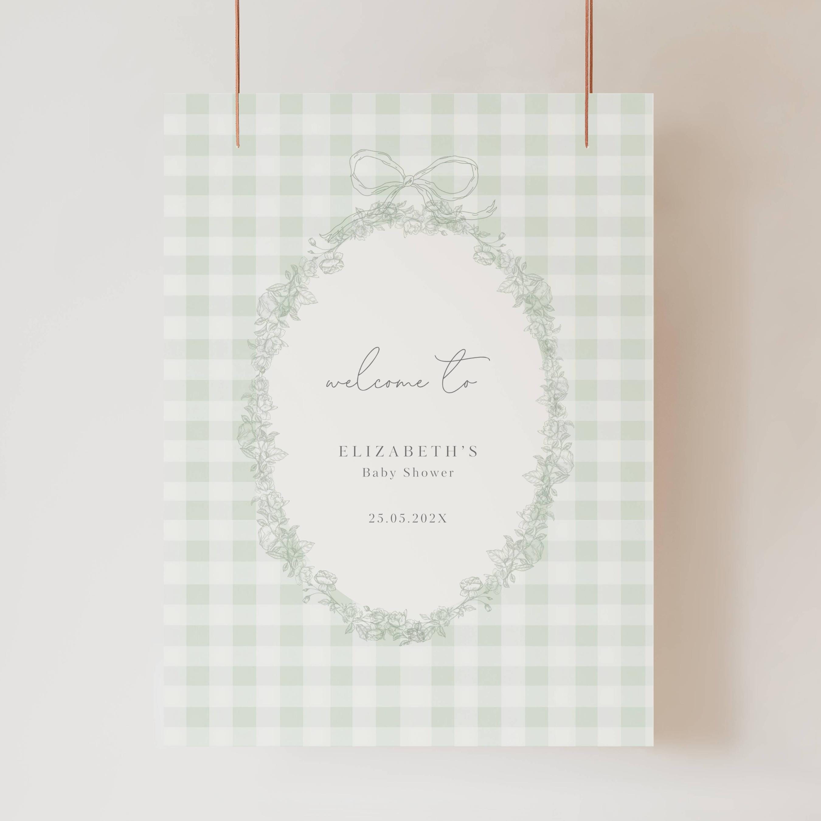 Green Plaid Welcome Sign Baby Shower, Classic Sage Green Gingham Boy ...