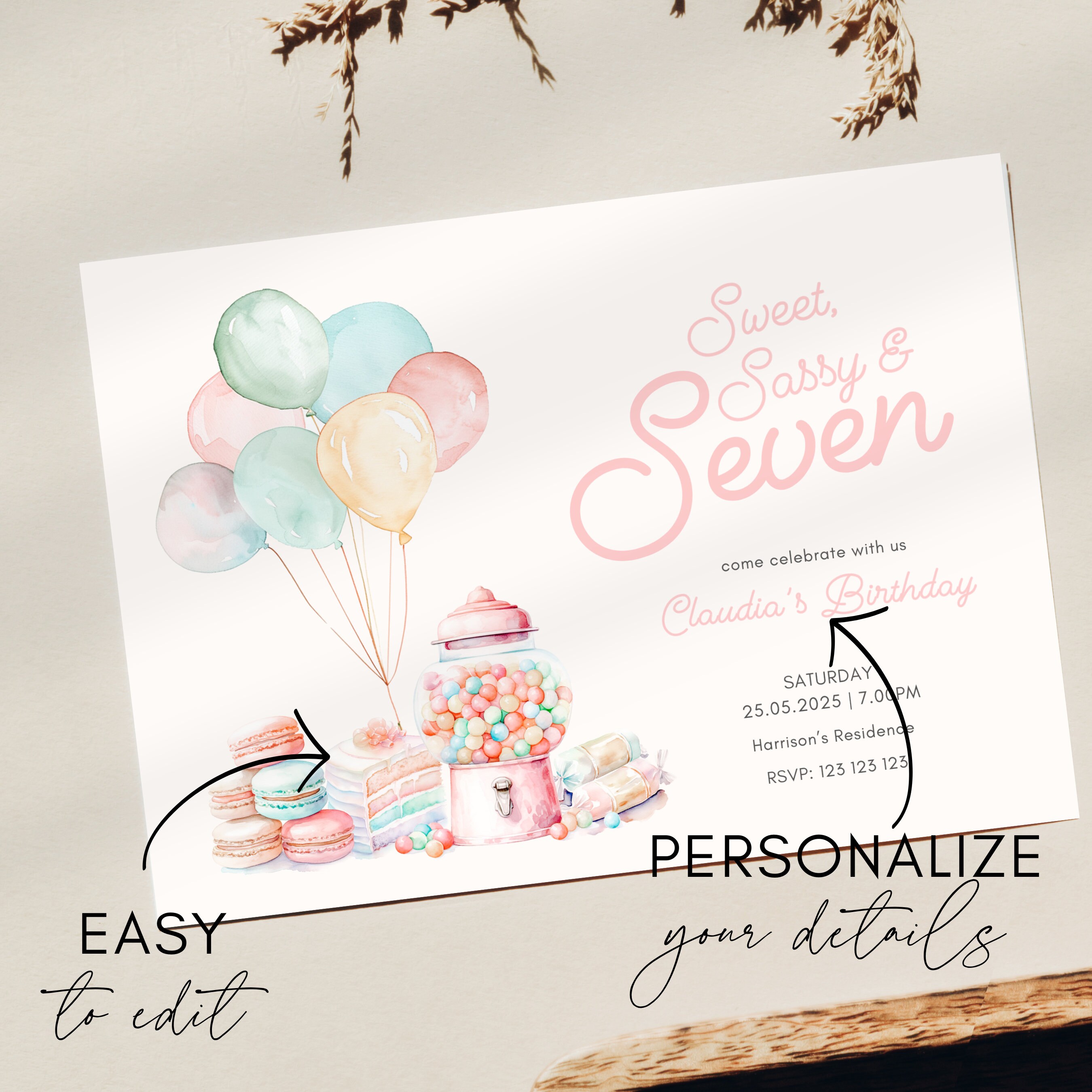 Sweet Sassy Seven Birthday Invite, Editable Invite, Girls 7th Birthday ...