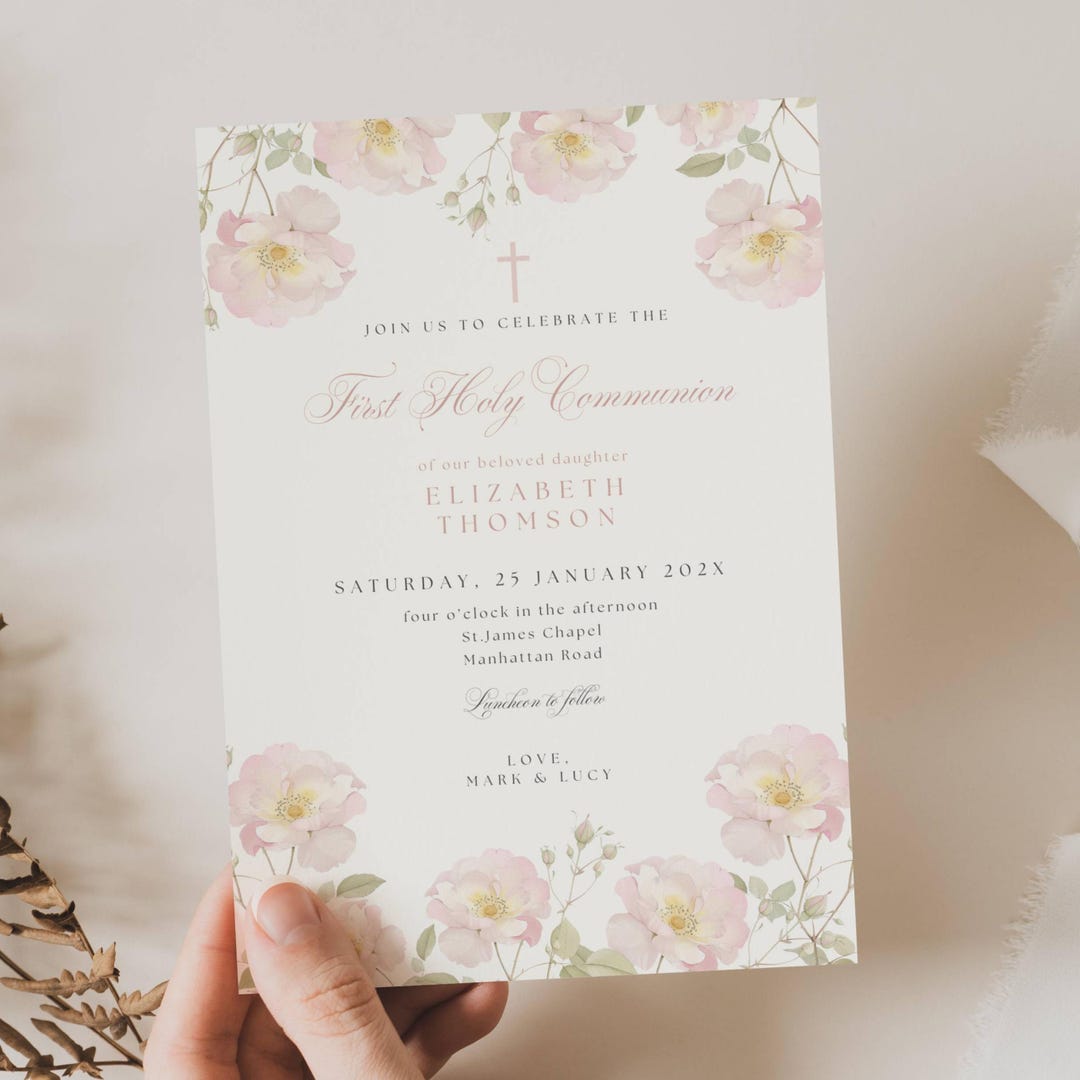 Pink First Holy Communion Invitation Template, Pink Floral First Holy ...
