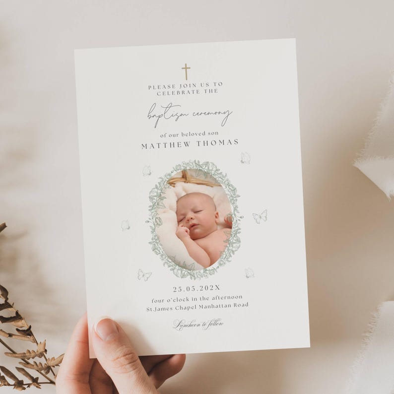 Greenery Baptism Invitation, Baptism Invitation Greenery, Baptism Invitation Sage Green, Green ...