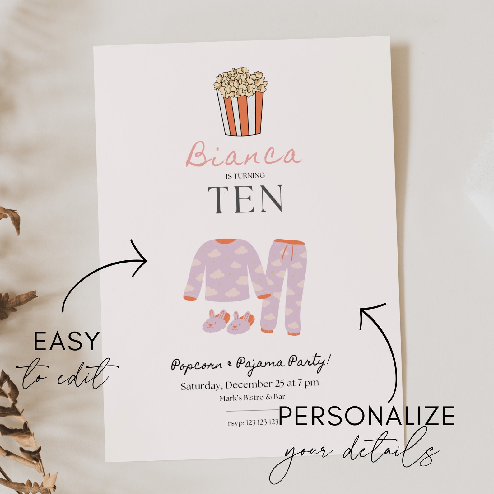 Popcorn and Pajamas Birthday Invitation, PJ Party, Pajamas Party ...
