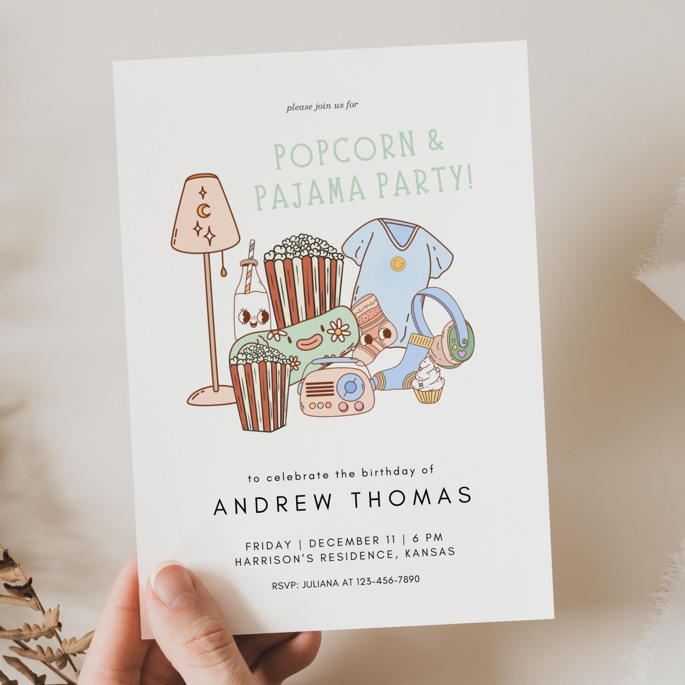 Popcorn and Pajamas Invitation, Popcorn and Pajamas Party, Sleepover ...