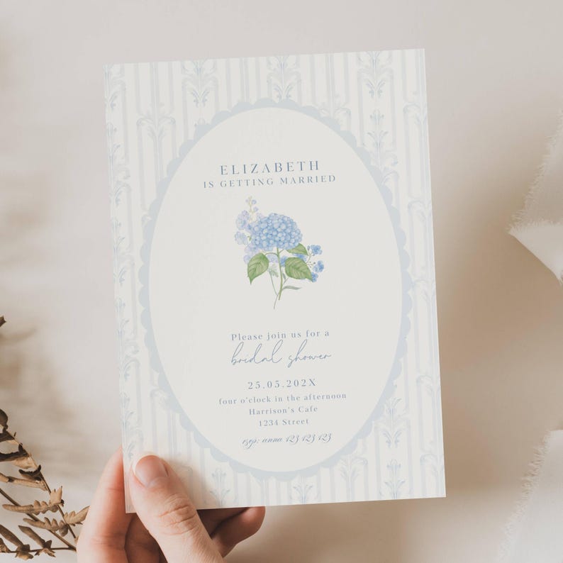 Blue Hydrangea Bridal Shower Invitation: Dusty Blue Floral (editable ...