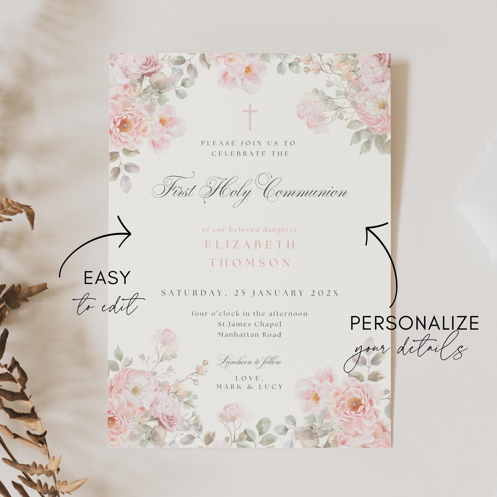 Pink First Holy Communion Invitation Template, Pink Floral First Holy ...