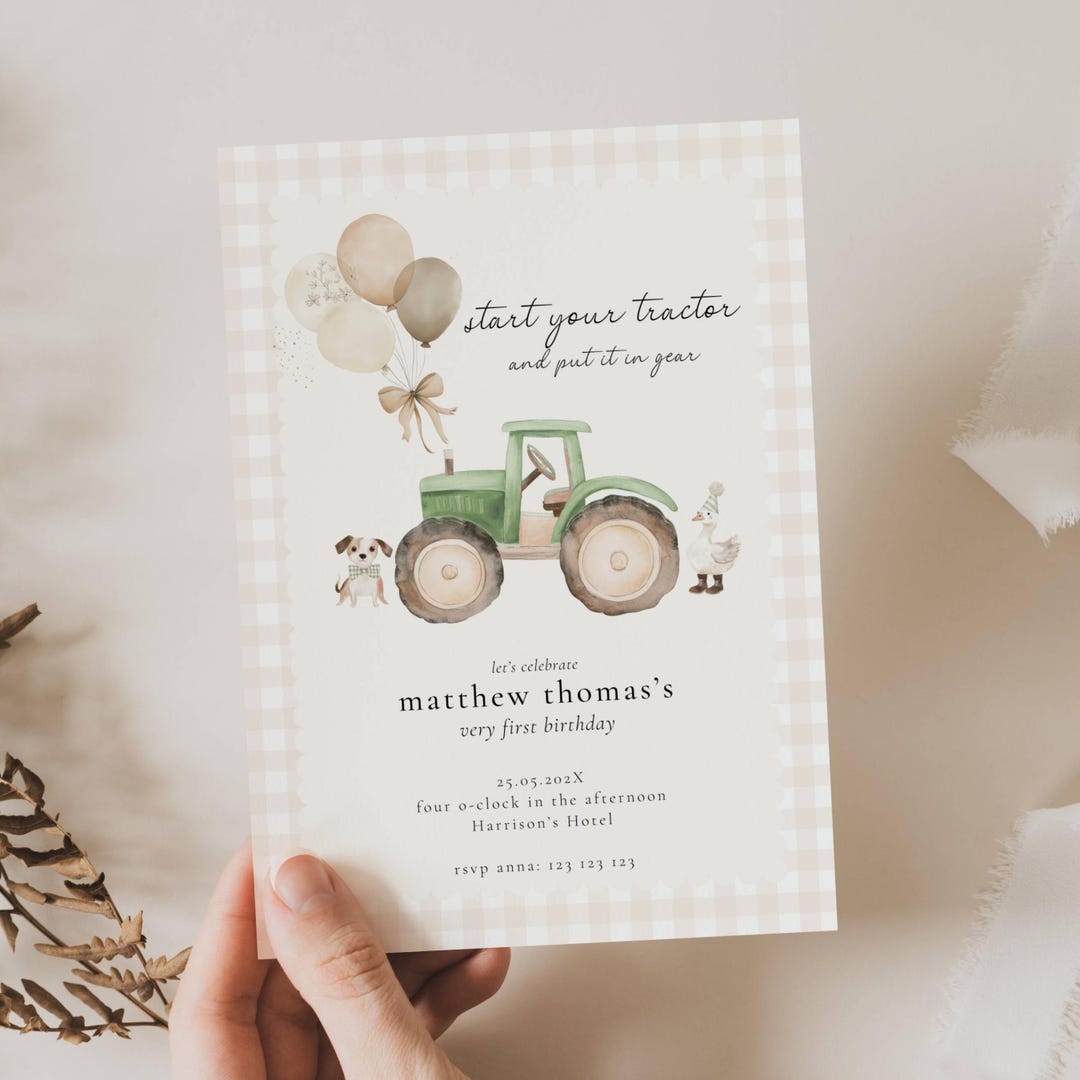 Start Your Tractor First Birthday Invite: Green Tractor (editable ...