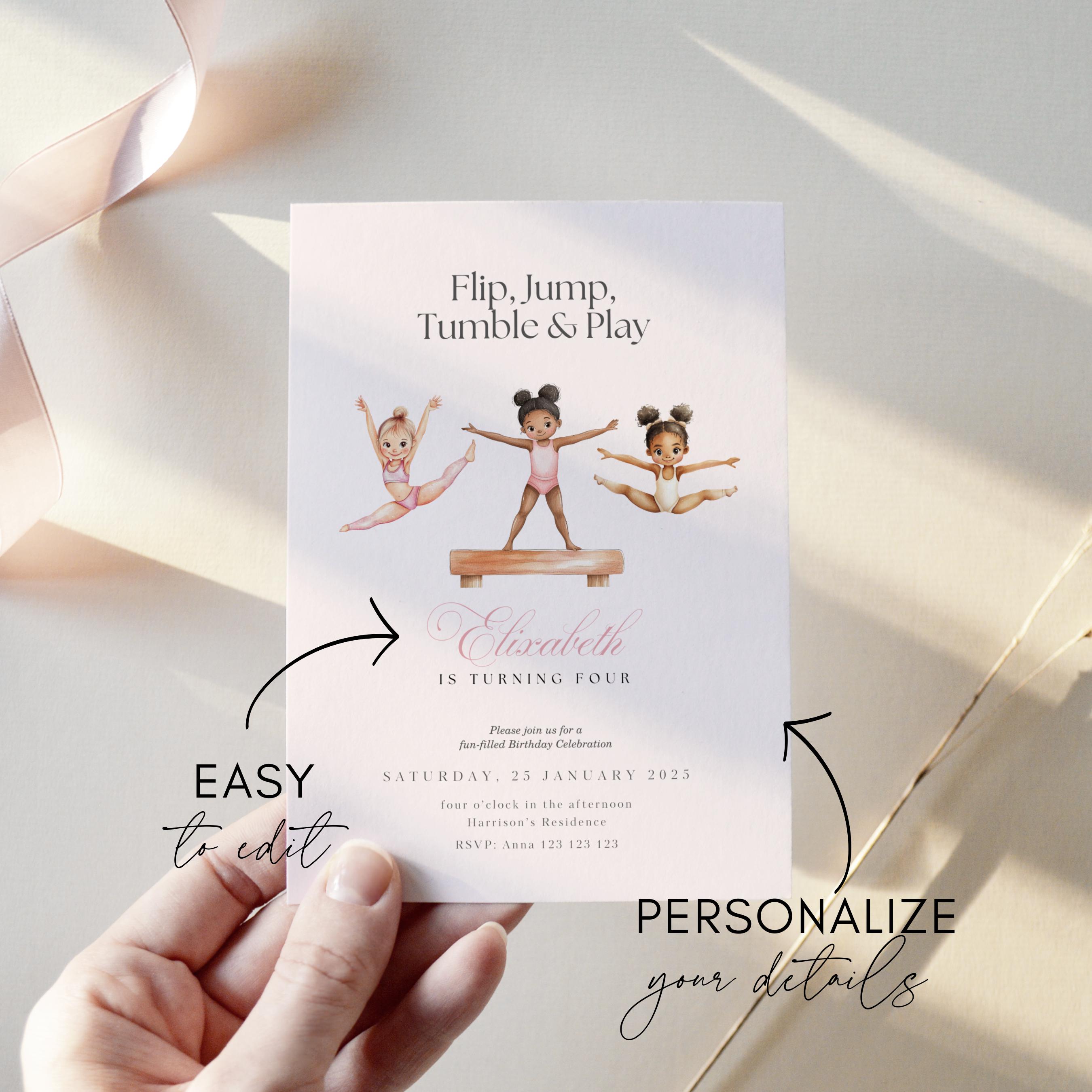 Gymnastics Birthday Invitation, Kids Birthday Invitation Gymnastics ...