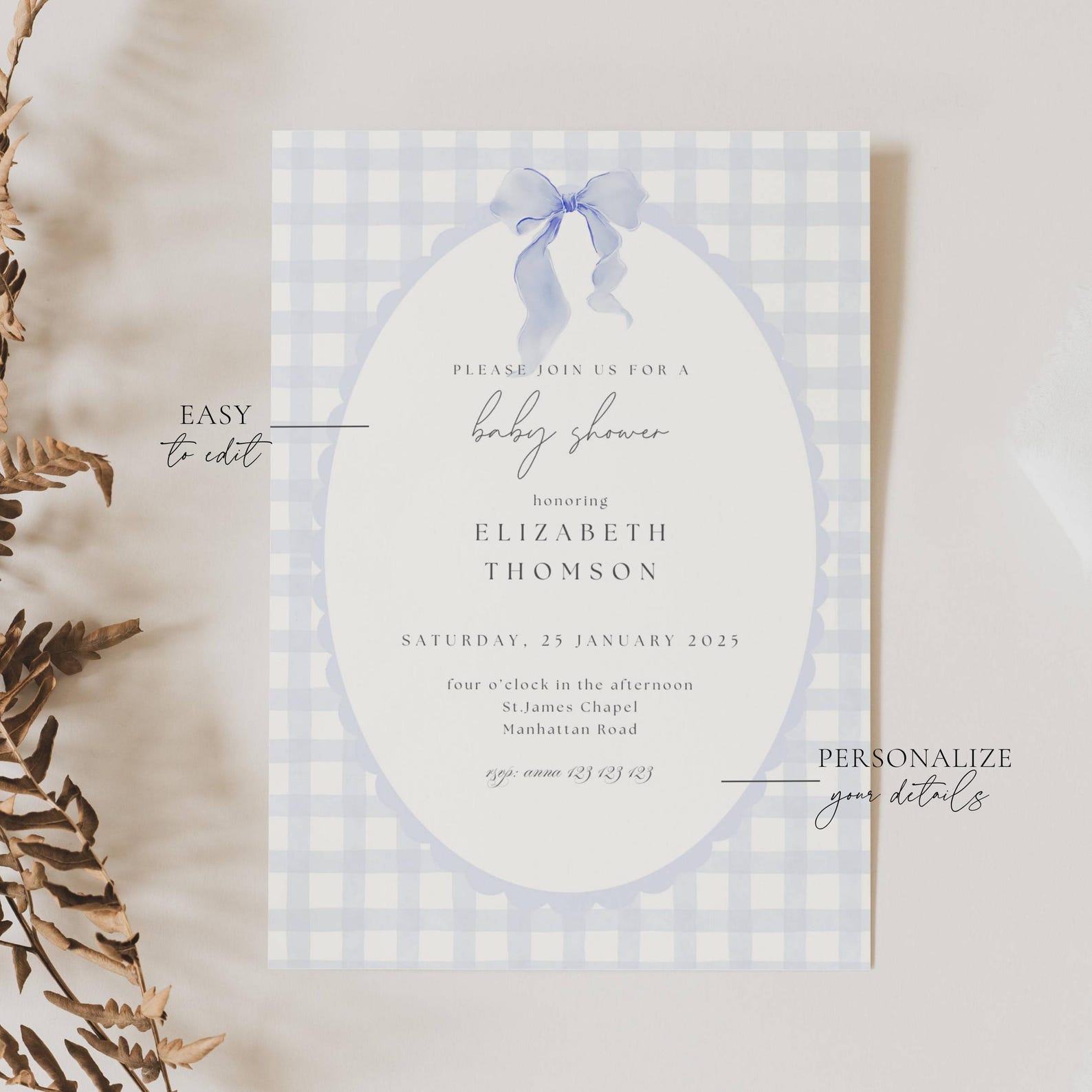 Blue Gingham Baby Shower Invitation, Classic Gingham (editable Template ...