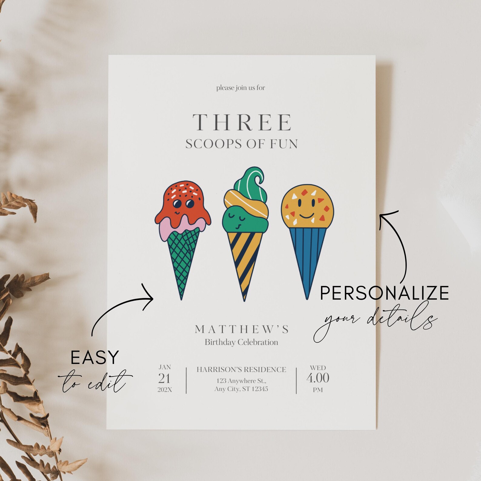 Three Scoops of Fun Birthday Invitation, Ice Cream Birthday Invite, 3rd ...