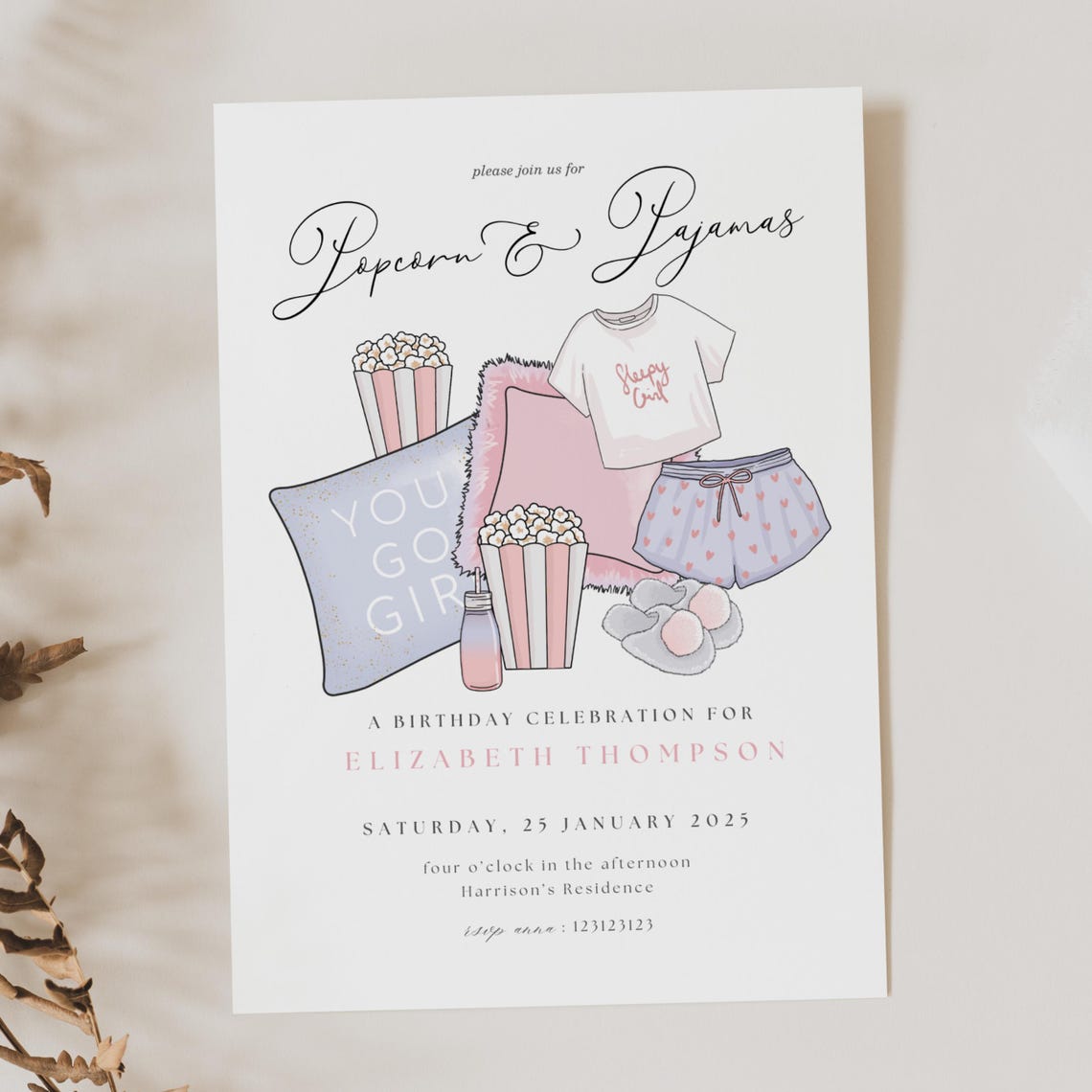 Popcorn and Pajamas Invitation, Popcorn and Pajamas Party, Sleepover ...