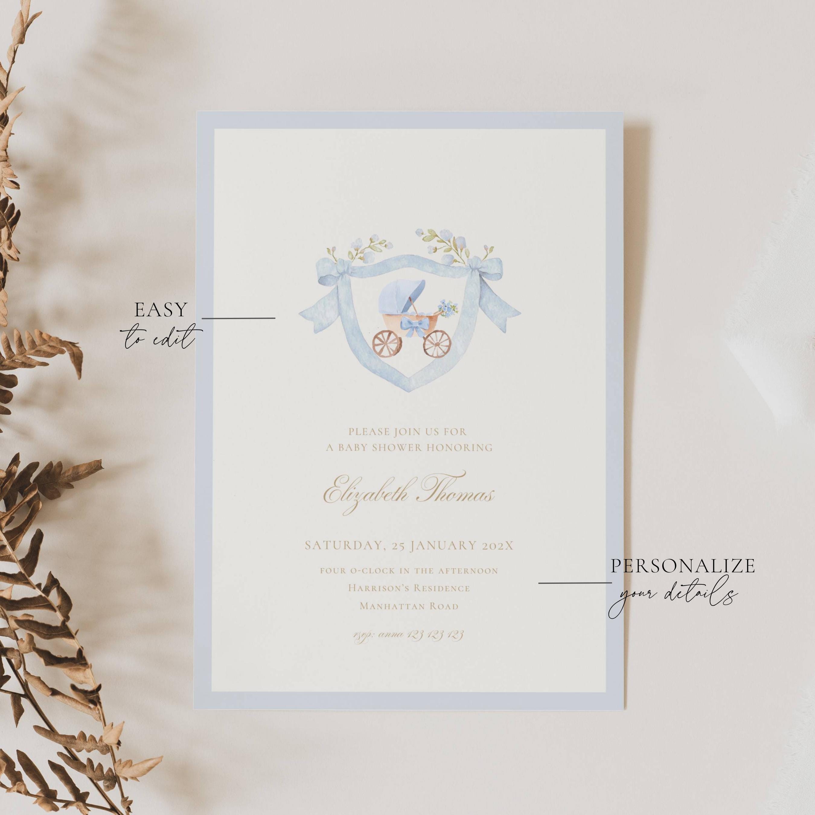 Blue Carriage Crest Baby Shower Invitation: Blue Stroller (editable ...