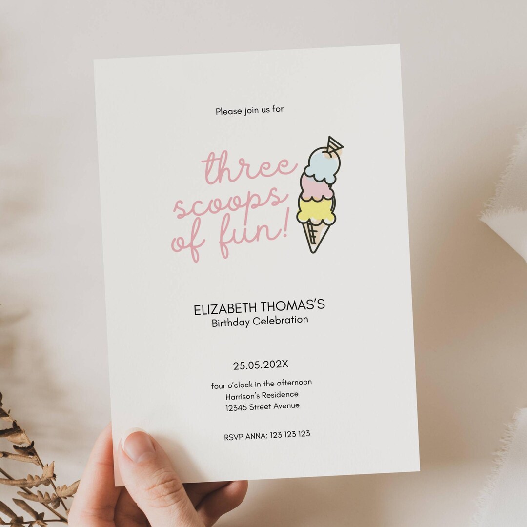 Three Scoops of Fun Birthday Invitation, Ice Cream Birthday Invite, 3rd ...