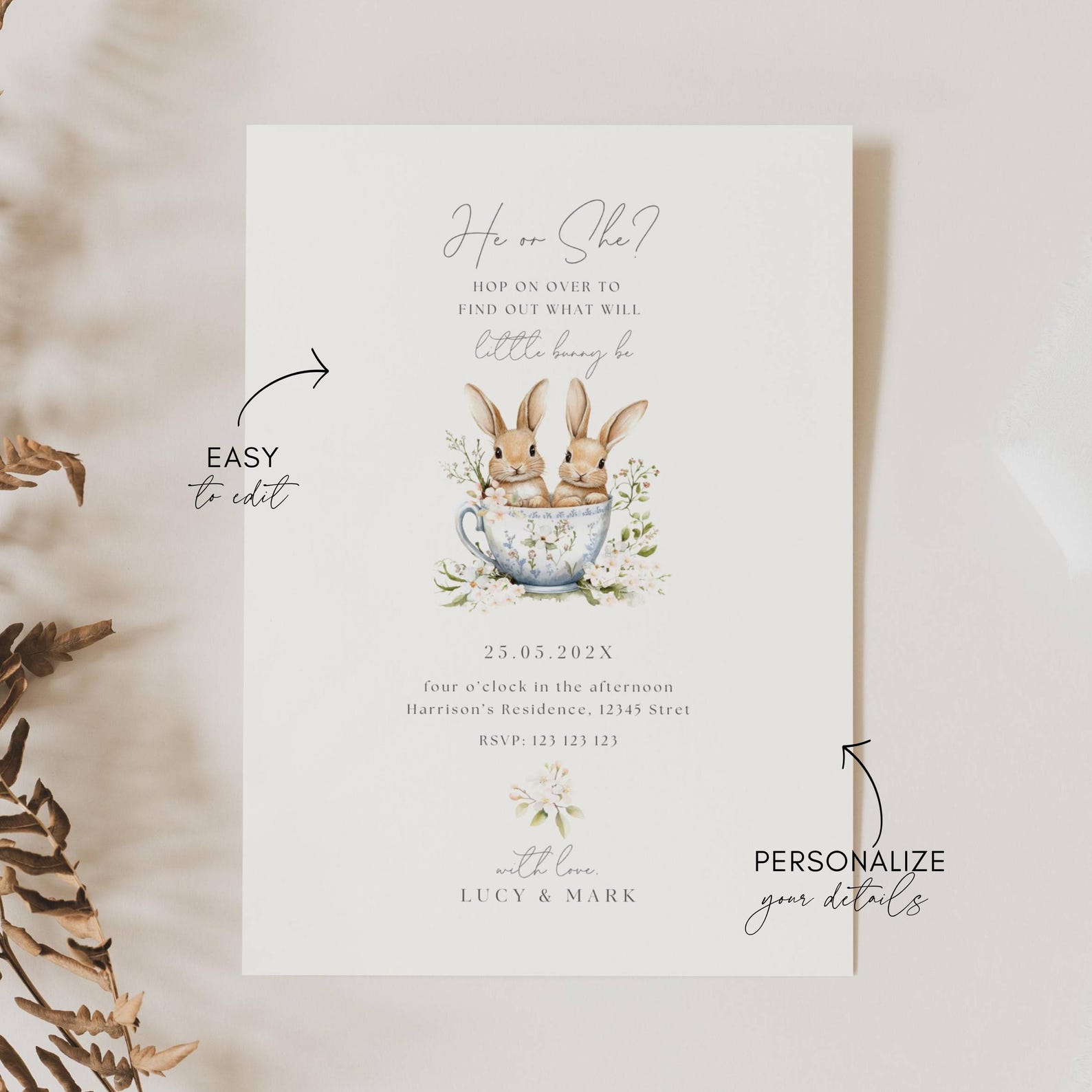 Baby Bunnies Gender Reveal Party Invitation, Boho Rabbits Gender Reveal ...
