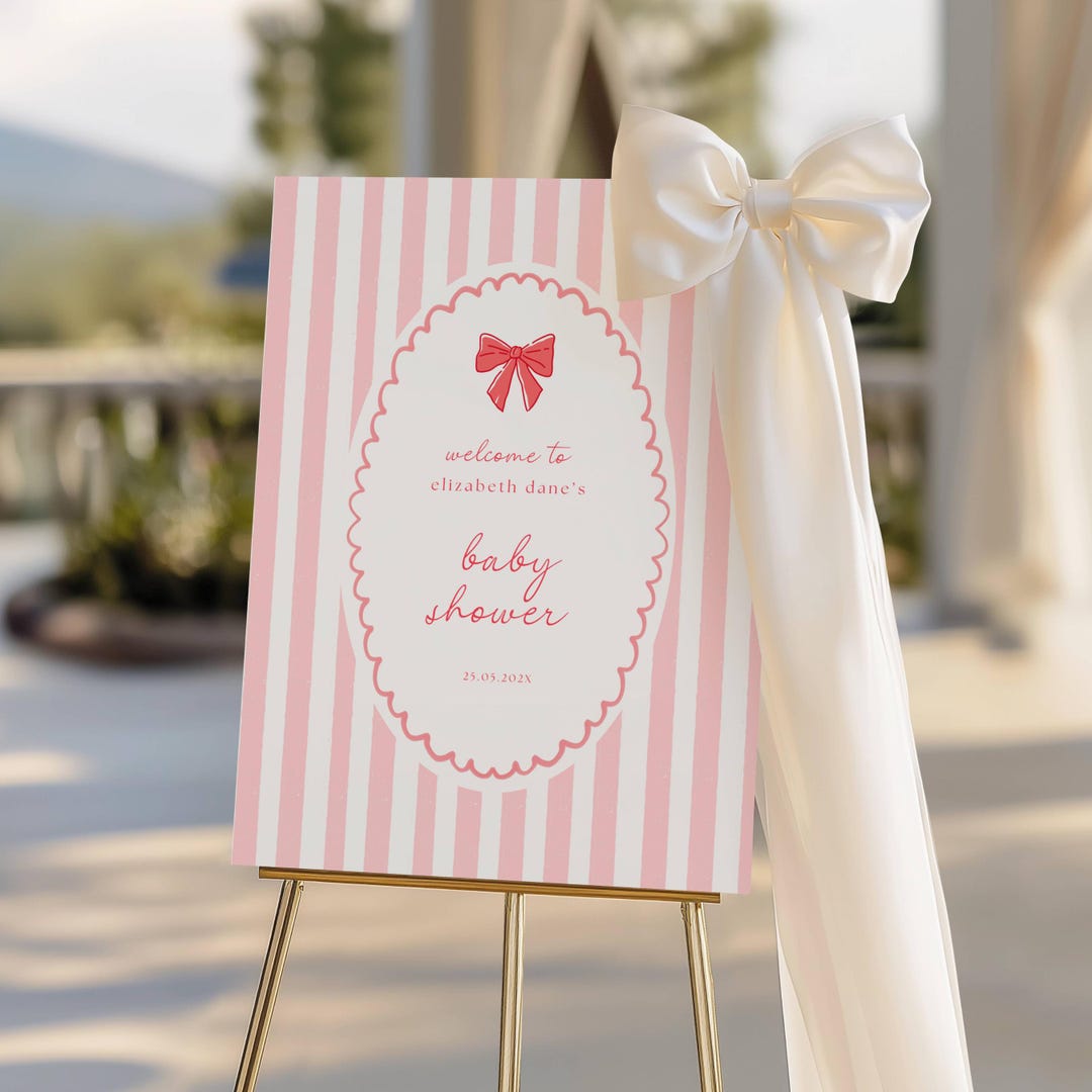 Red Bow Baby Shower Welcome Sign, Baby Girl Shower Elegant Red Bow ...