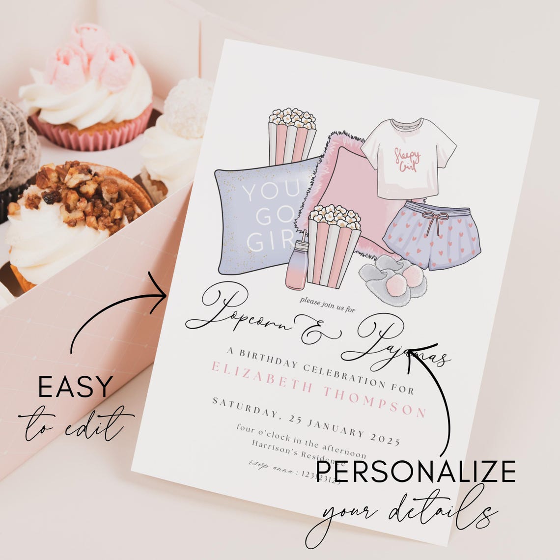 Popcorn and Pajamas Invitation, Popcorn and Pajamas Party, Sleepover ...